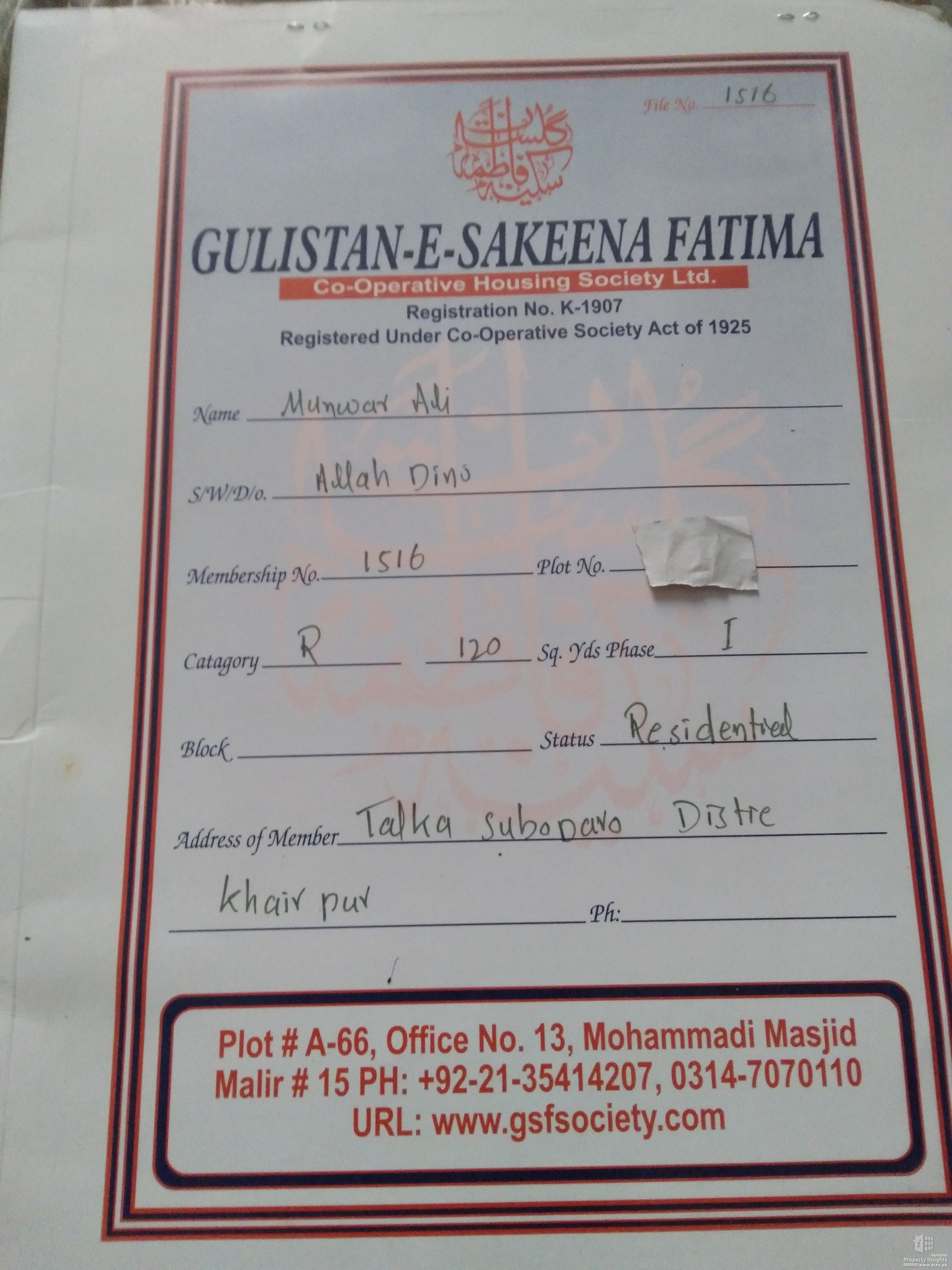 120 yard plot for sell in Gulistan e Sakeena Fatima Plot for Sale in ...